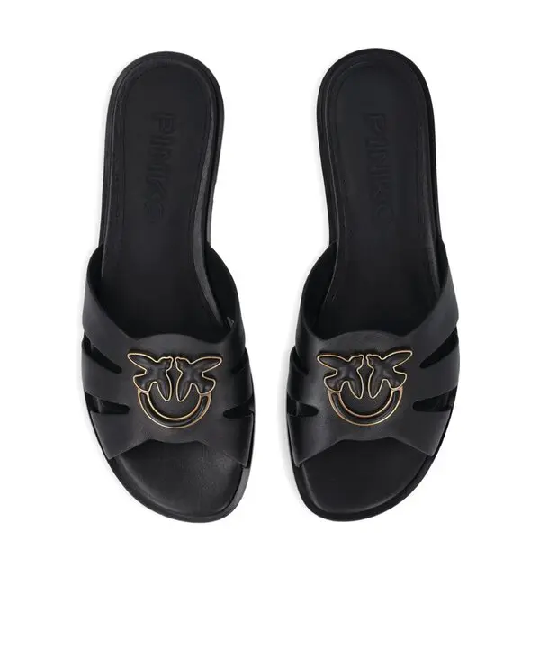 Pinko Open Toe Flat Slippers With Logo Plaque - Black