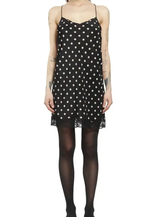 Saint Laurent Polka Dot Lace Trim Sundress - Black
