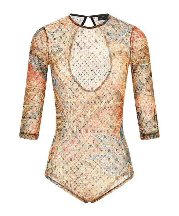 Etro Paisley Foliage Print Tulle Bodysuit