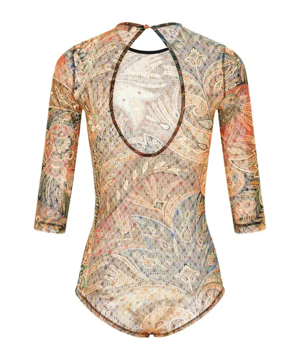 Etro Paisley Foliage Print Tulle Bodysuit
