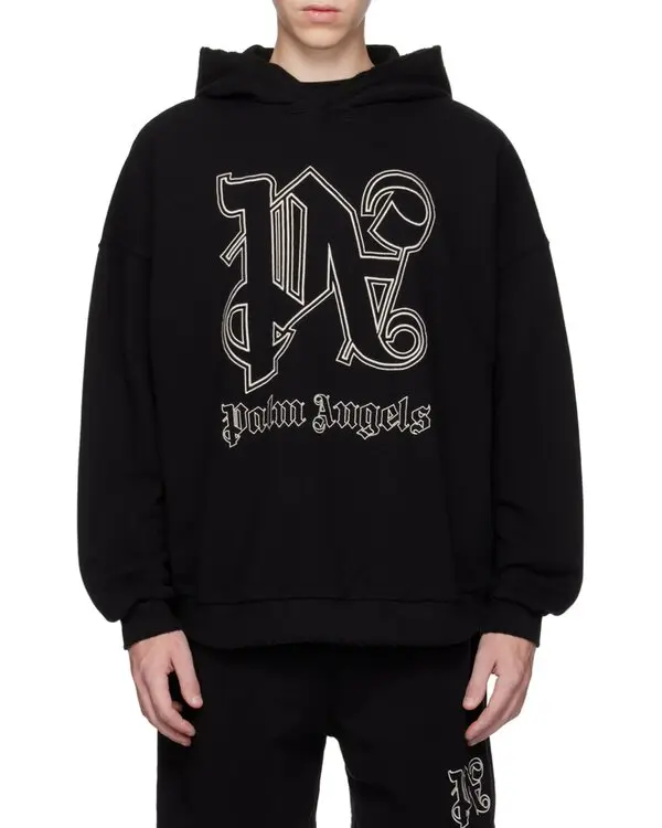 Palm Angels Logo Embroidered Long-sleeved Hoodie - Black