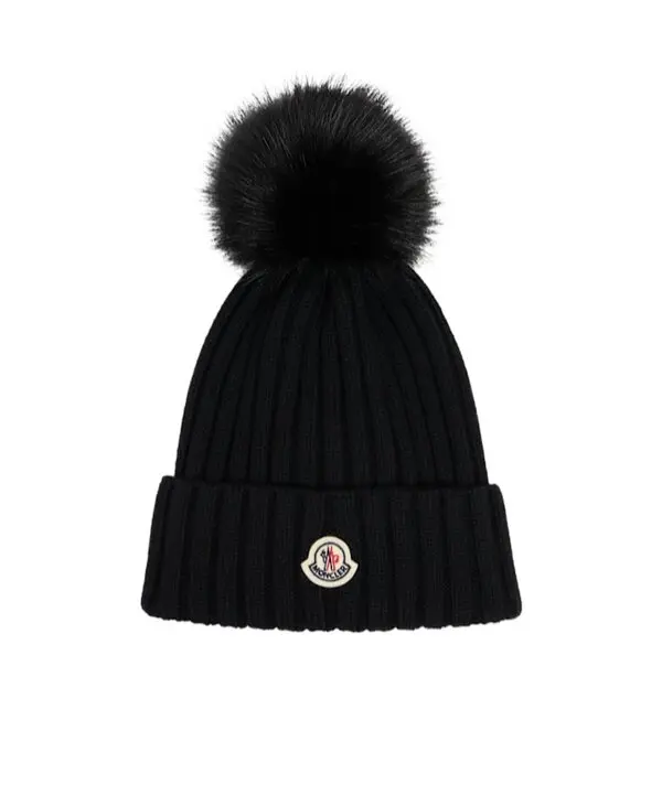 Moncler Logo Virgin Wool Pom Pom Beanie - Black
