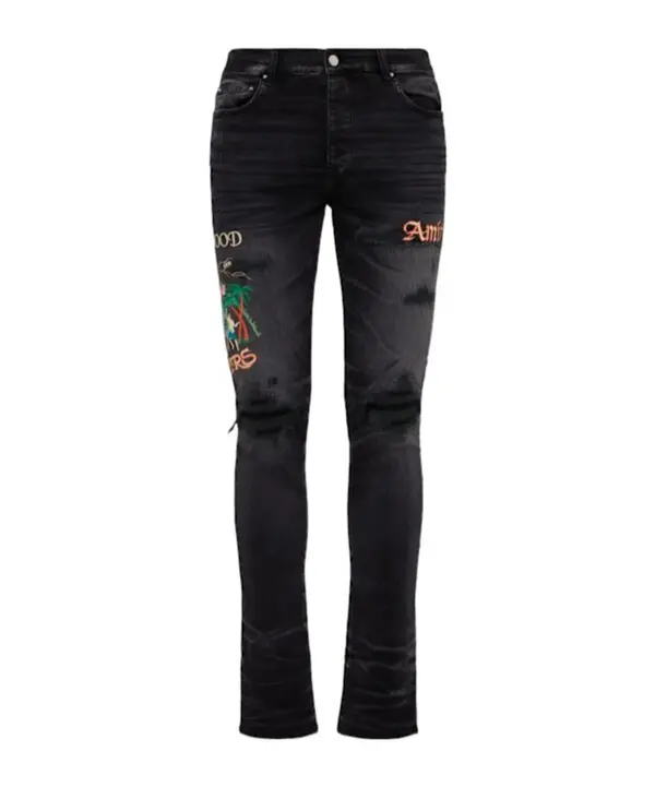 Amiri Skinny Jeans With Embroidery And Distressing - Black