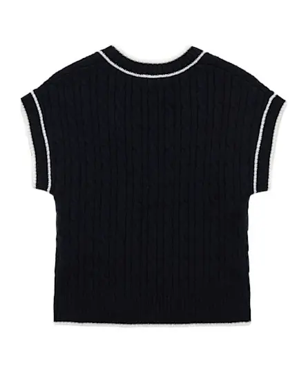 Monnalisa Wool Blend Cable Knit V-neck Vest With Embroidered Detail