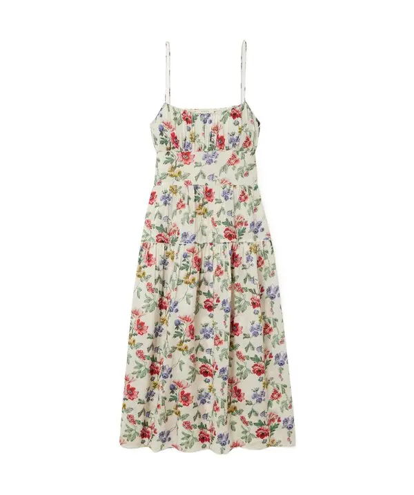 DÔEN Benoit Gathered Tiered Floral-print Ramie Midi Dress - Ivory Wild Rose