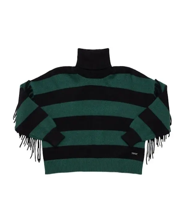 Monnalisa Viscose Blend Knit Turtleneck Sweater With Fringed Sleeves