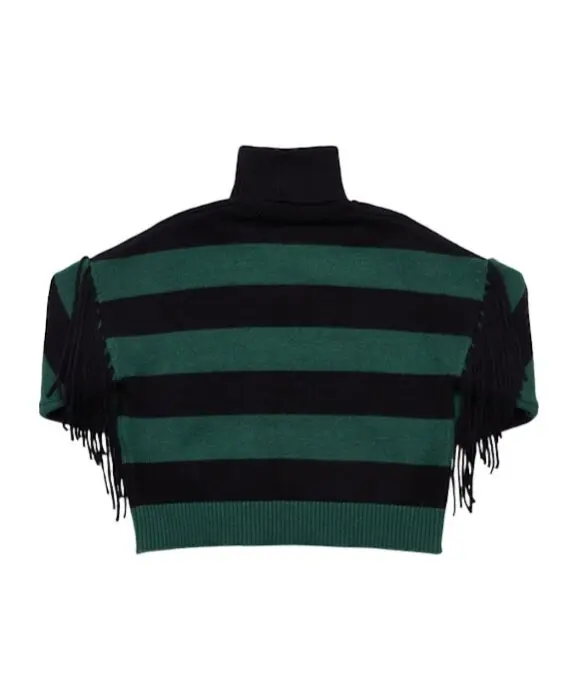 Monnalisa Viscose Blend Knit Turtleneck Sweater With Fringed Sleeves
