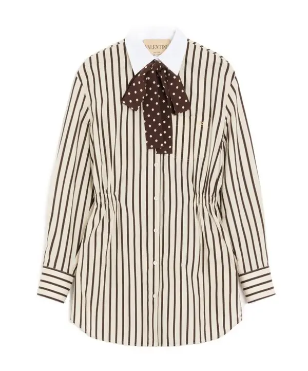 Valentino Garavani Printed Striped Poplin Mini Dress With Polka Dot Bow - White