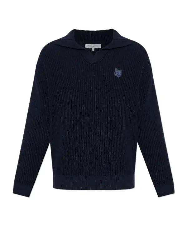 Maison Kitsuné Long Sleeve V-neck Sweater With Fox Head Embroidery