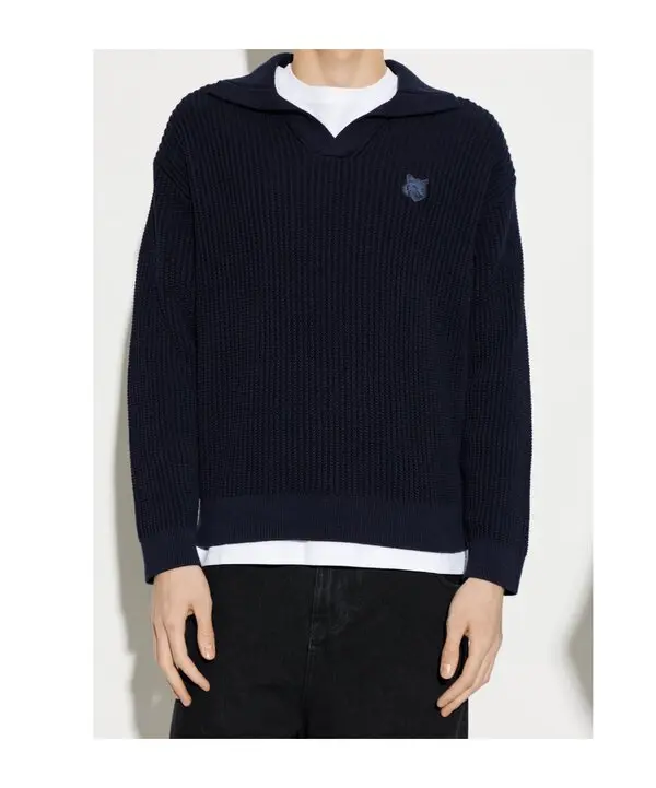 Maison Kitsuné Long Sleeve V-neck Sweater With Fox Head Embroidery