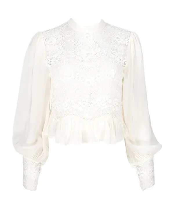 TWINSET Embroidered Lace High Neck Blouse - White