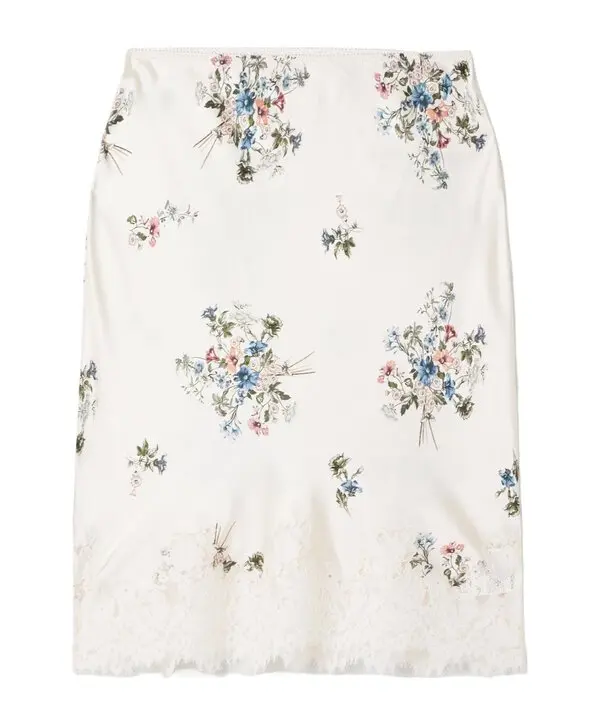 DÔEN Elowette Silk Satin Floral Print Midi Skirt - White