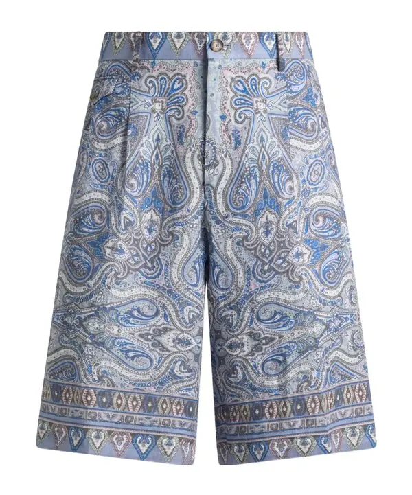 Etro Linen Shorts With Placed Pocket-square Paisley Print - Gray