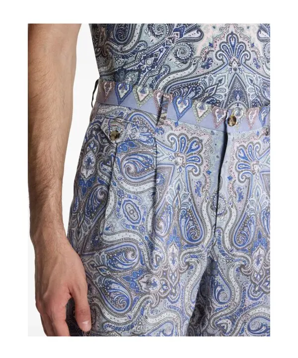 Etro Linen Shorts With Placed Pocket-square Paisley Print - Gray