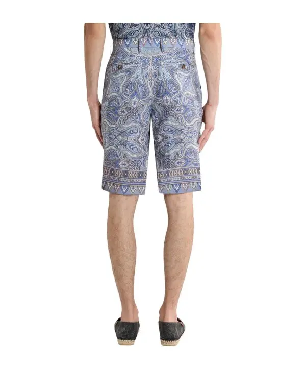 Etro Linen Shorts With Placed Pocket-square Paisley Print - Gray