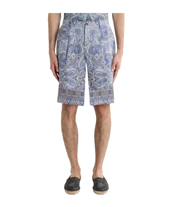Etro Linen Shorts With Placed Pocket-square Paisley Print - Gray