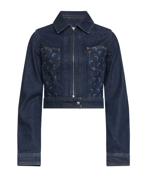 MARINE SERRE Cropped Moon Print Denim Jacket - Black