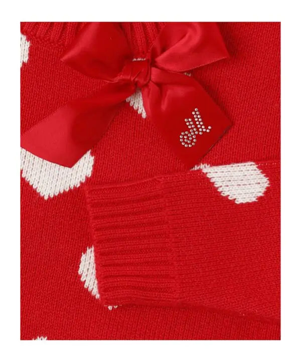 Monnalisa Cotton Blend Knit Sweater With Heart Print And Bow Detail - Red