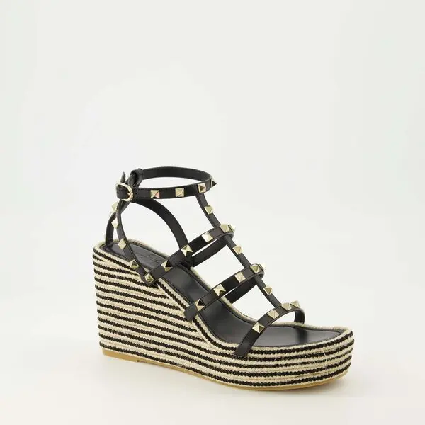 Valentino Garavani Rockstud Striped Espadrille Wedge Sandals - Multicolor