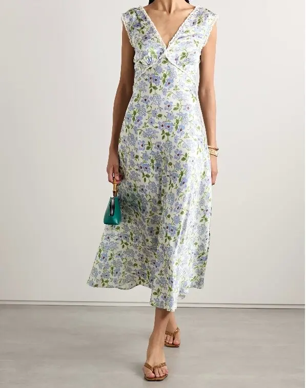 DÔEN Tahlia Lace-trimmed Floral-print Silk-charmeuse Midi Dress - Multi-color