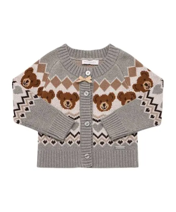 Monnalisa Jacquard Knit Cardigan With Teddy Bear Motif