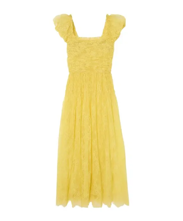 DÔEN Pamelina Ruffled Shirred Lace Midi Dress - Yellow