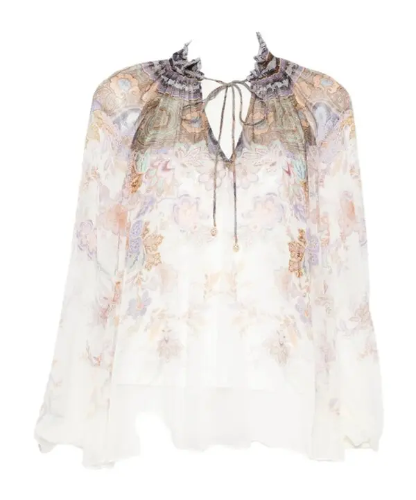 Zimmermann Paisley Pattern Tie Detail Ruffled Collar Blouse - White