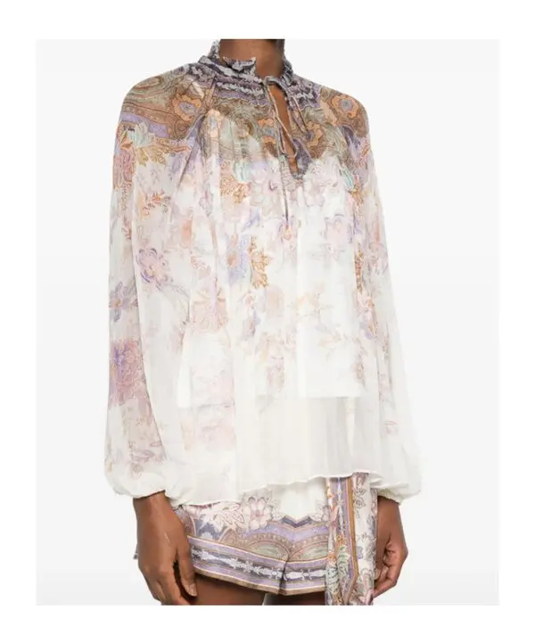 Zimmermann Paisley Pattern Tie Detail Ruffled Collar Blouse - White