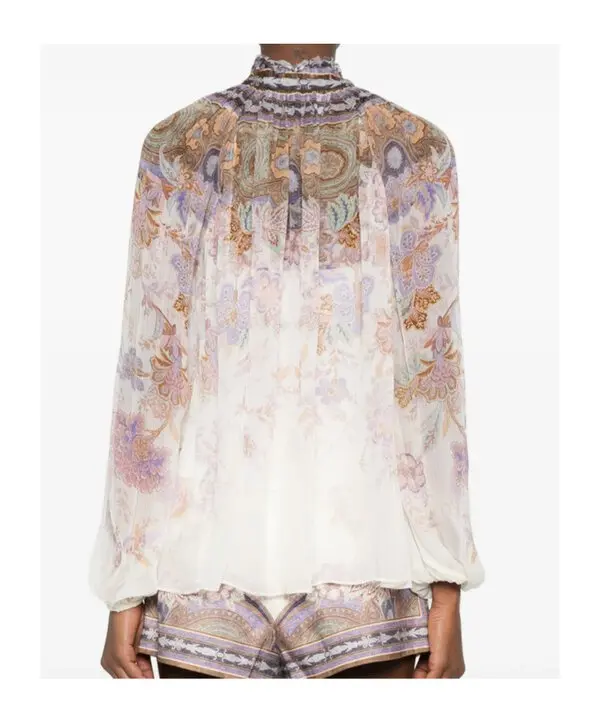 Zimmermann Paisley Pattern Tie Detail Ruffled Collar Blouse - White