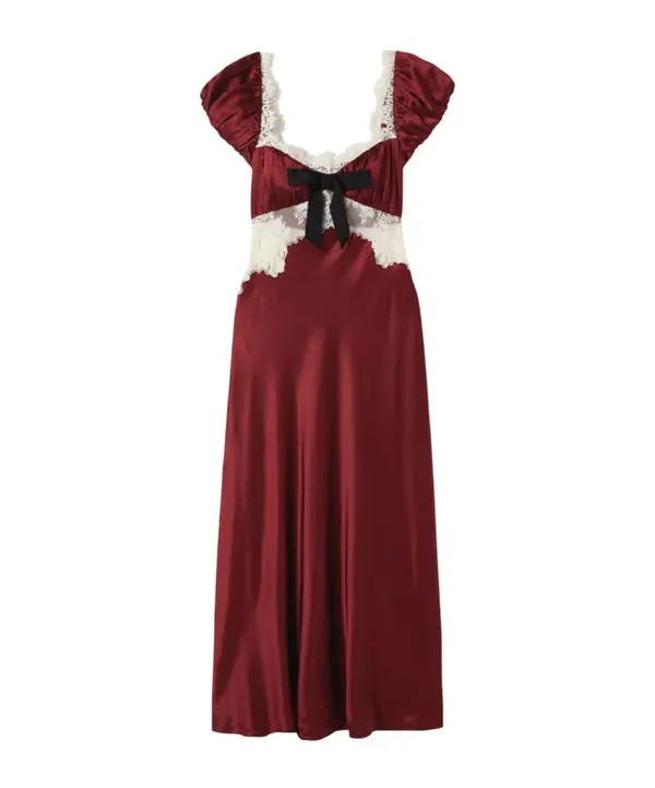 DÔEN Veda Bow-detailed Corded Lace-trimmed Silk-charmeuse Midi Dress - Red