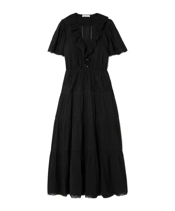 DÔEN Gabriella Ruffled Tiered Lace-trimmed Point D'esprit Cotton Dress - Black