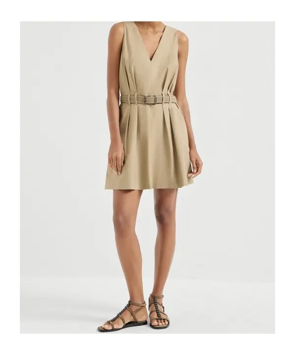 Brunello Cucinelli V-neck Belted Mini Dress - Nude
