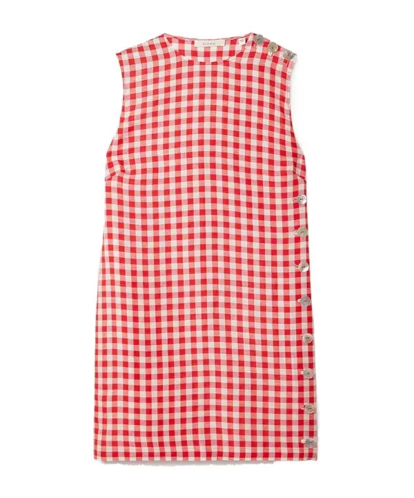 DÔEN Gingham Plaid Round Neck Button Detailed Dress