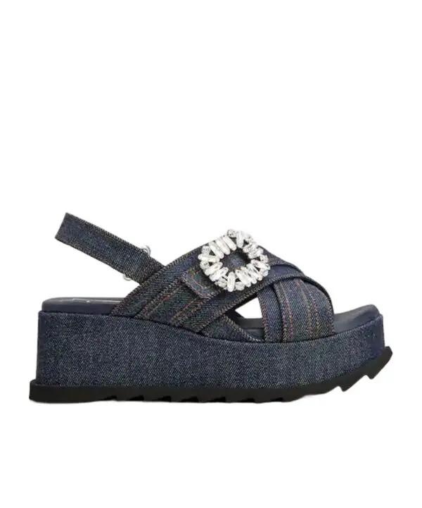 ROGER VIVIER Denim Wedge Sandals With Crystal Buckle