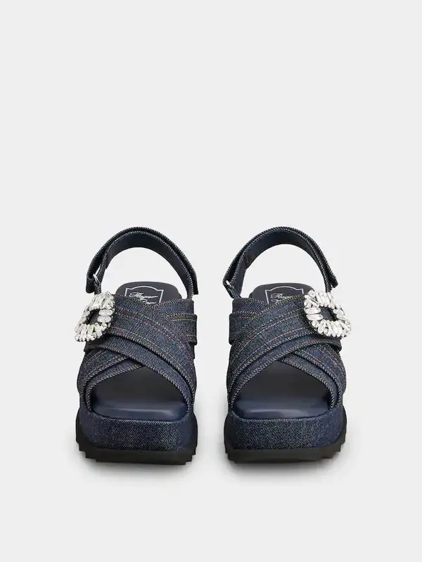ROGER VIVIER Denim Wedge Sandals With Crystal Buckle