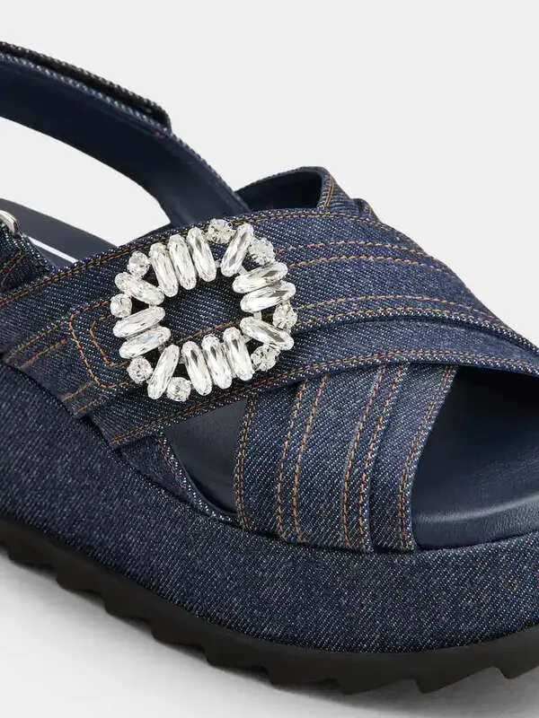 ROGER VIVIER Denim Wedge Sandals With Crystal Buckle