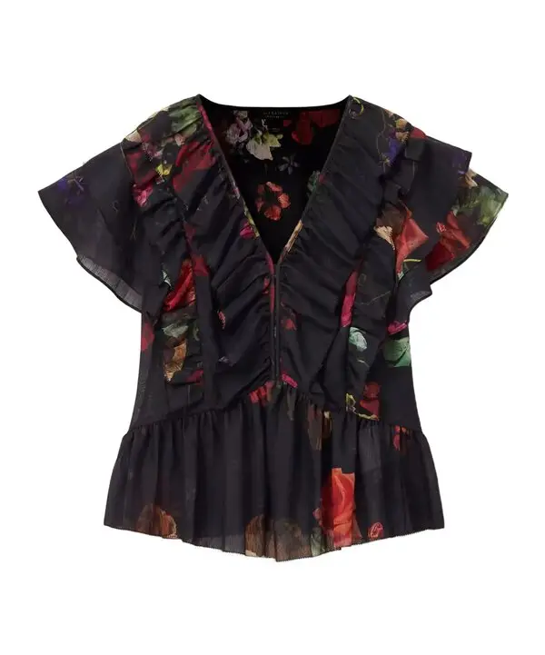 ALLSAINTS Alma Ruffled Floral V-neck Top - Black
