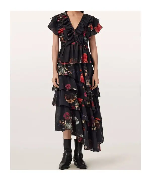 ALLSAINTS Alma Ruffled Floral V-neck Top - Black