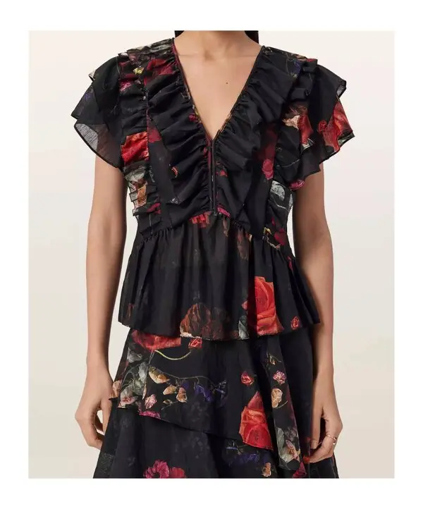 ALLSAINTS Alma Ruffled Floral V-neck Top - Black
