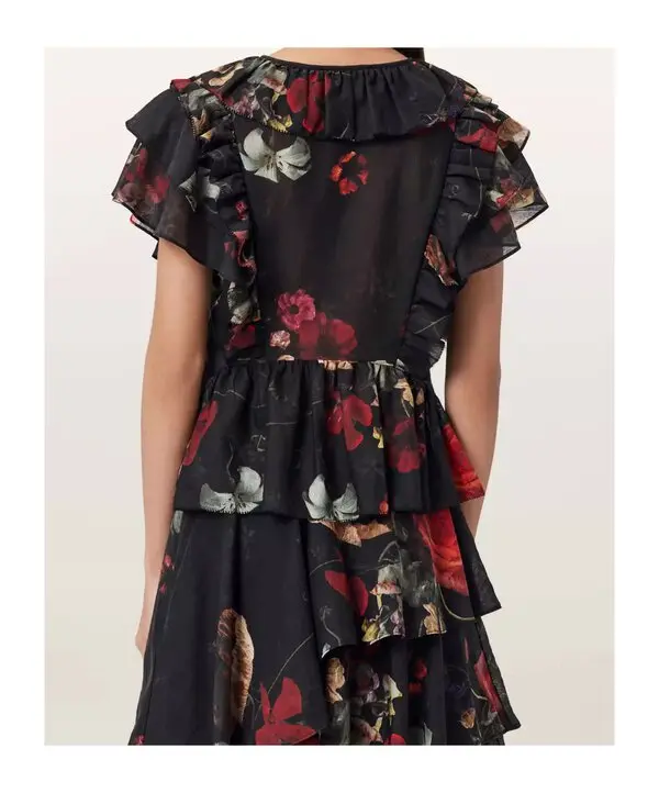 ALLSAINTS Alma Ruffled Floral V-neck Top - Black