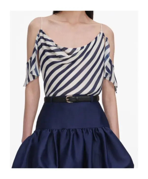 SELF-PORTRAIT Striped Georgette Top With Cowl Neck