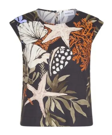 Marella Sleeveless Stretch Cotton Top With Pleats And Button Back - Black