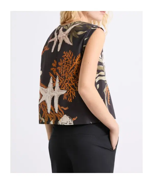 Marella Sleeveless Stretch Cotton Top With Pleats And Button Back