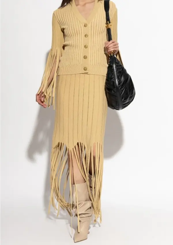 Balmain Ribbed V-neck Cardigan With Tassel Cuffs