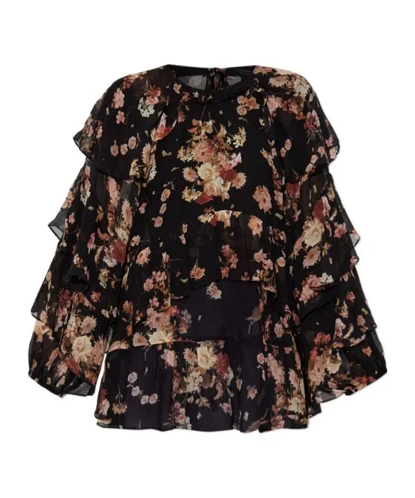 ALLSAINTS Lissie Ruffled Floral Long Sleeve Top - Armadablack