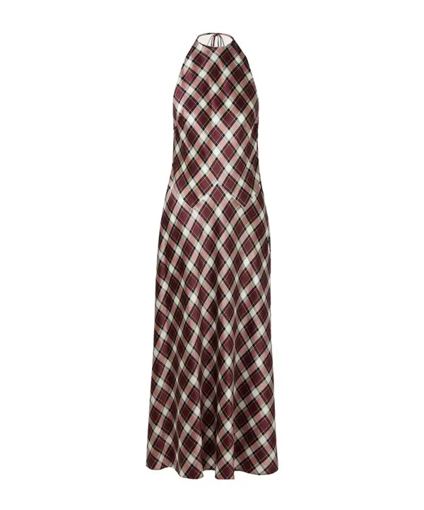 DÔEN Maxime Checked Silk-satin Halterneck Maxi Dress - Wine Red