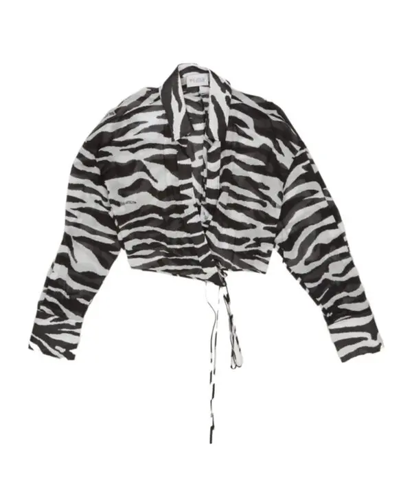 Attico Printed Lapel Cropped Top With Hem Tie - Black