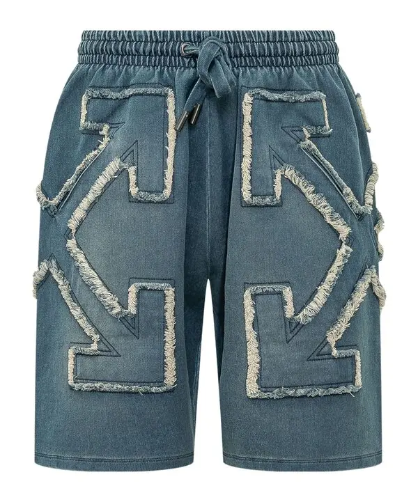Off-White Frayed Appliqué Denim Shorts - Blue
