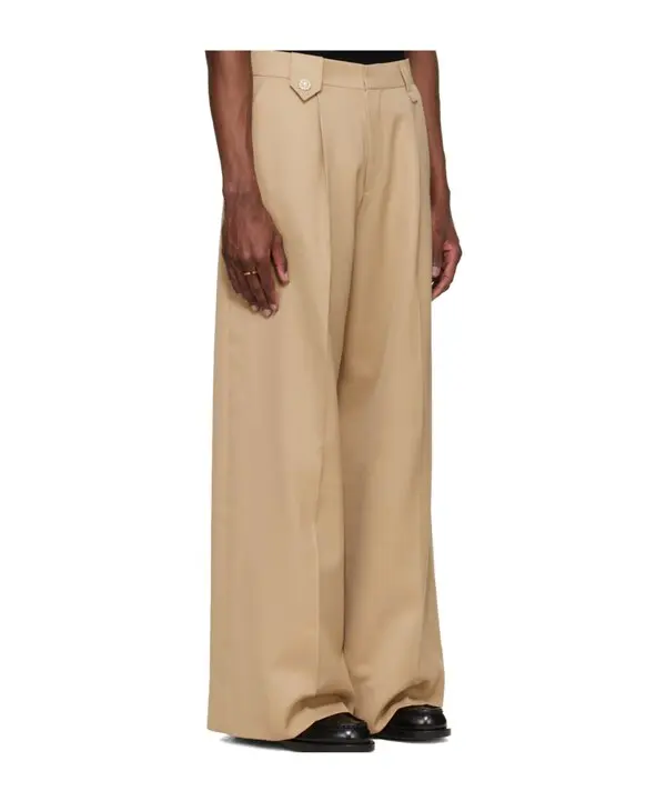 Simone Rocha Wide-leg Pleated Trousers With Faux Pearl Snaps - Sand-colored