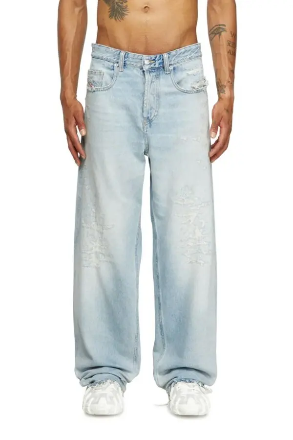 DIESEL® Distressed Cotton Relaxed Fit Wide Leg Jeans - Gray